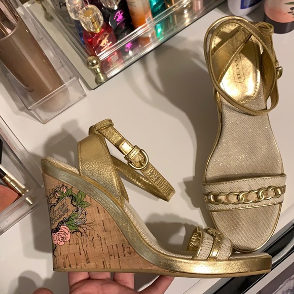 Coach | Shoes | Coach Gold Ivory Leather Ankle Strap Cork Wedge | Poshmark